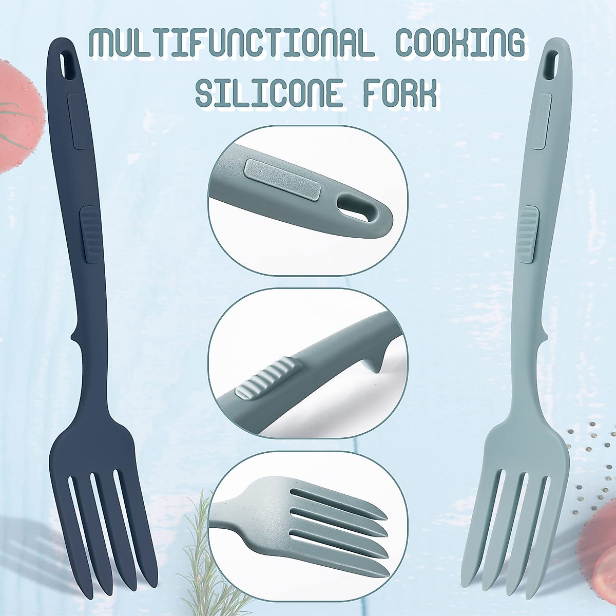 2pcs Silicone Flexible Forks, Silicone Cooking Fork Heat Resistant, Multifunctional Nonstick Blending Fork for Cooking Utensil for Kitchen Stir Mix Mash (Lake Blue, Dark Blue)