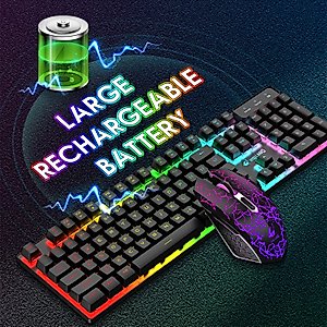 Wireless Gaming Keyboard and Mouse,Rechargeable Orange Backlit Keyboard Mouse with 3800mAh Battery,Mechanical Feel Gaming Keyboard,7 Color Gaming Mute Mouse,Gaming Mouse Pad for PC Gamer