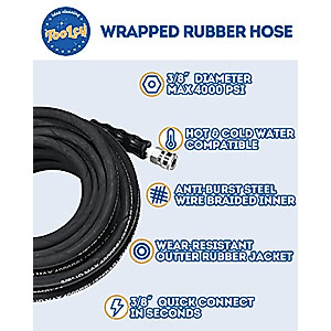 TOOLCY 3/8" Pressure Washer Hose 4000 PSI X 50 FT, Stainless 3/8" Swivel QC Kink Resistant, 250℉ Hot Water Compatible Steel Wire Braided & Rubber Jacket, Easy Loading 3/8" NPT X M22-14mm Adapter Kits