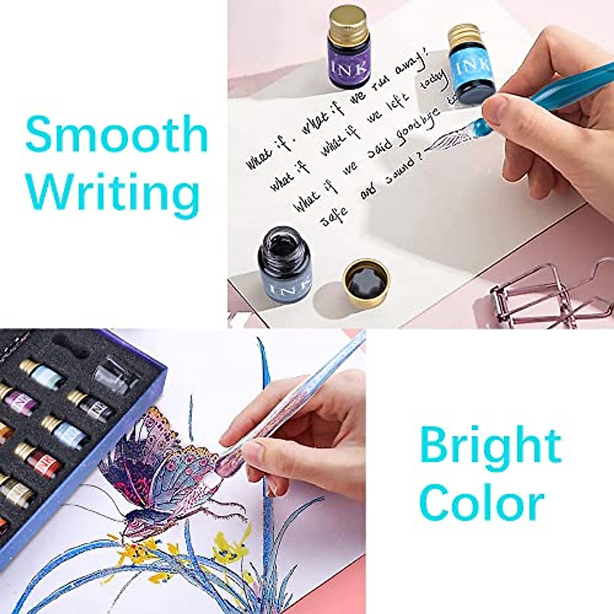 OFUN Glass Pen and Ink Set, Beginners Calligraphy Dip Pens for Art Drawing, Gift Card Writing, Rainbow Crystal Kit with 2 Pcs Pens, 12 Gold Powder Inks, Cleaning Cup, Holder