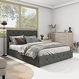 Wancla Queen Upholstered Platform Bed Frame with 4 Storage Drawers/Adjustable Button Tufted Headboard/No Box Spring Neeed/Wood Slat Support/Easy Assembly/Dark Grey, Leathaire