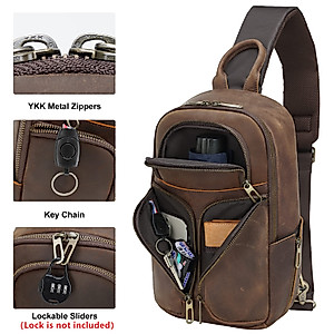 Masa Kawa Full Grain Leather Sling Crossbody Backpack Bags for Men Fits 9.7” Tablet Small Hiking Travel Shoulder Daypack Chest Bag, Vintage Brown