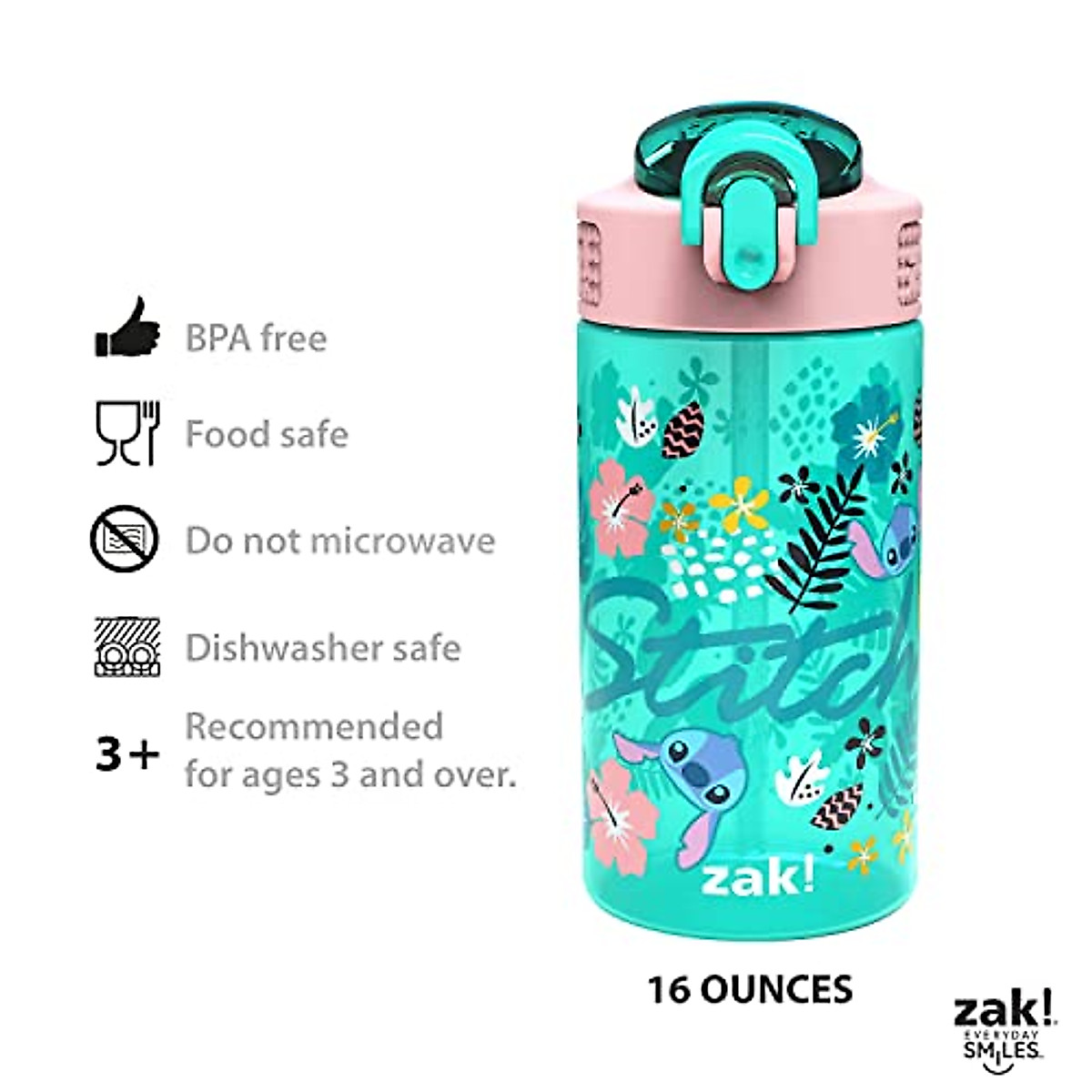 Zak Designs Kids Durable Plastic Spout Cover and Built-in Carrying Loop, Leak-Proof Water Design for Travel, (16oz, 2pc Set), Lilo and Stitch 2pk
