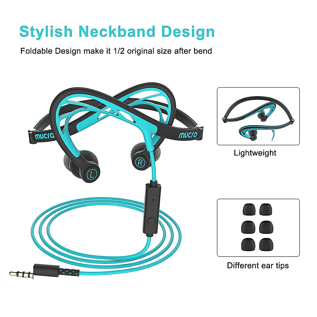 Mucro Sport Earbuds Wired Neckband Headphone Over The Ear Wrap Around Earphones Foldable Stereo Ear Buds for Night Running Gym Workout