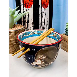 Ebros Gift Rabbits Jumping Over The Full Moon Ramen Udong Noodles 5" Diameter Bowl With Built In Chopsticks Rest and Bamboo Chopstick Set for Dining Soup Rice Meal Bowls Decor Kitchen