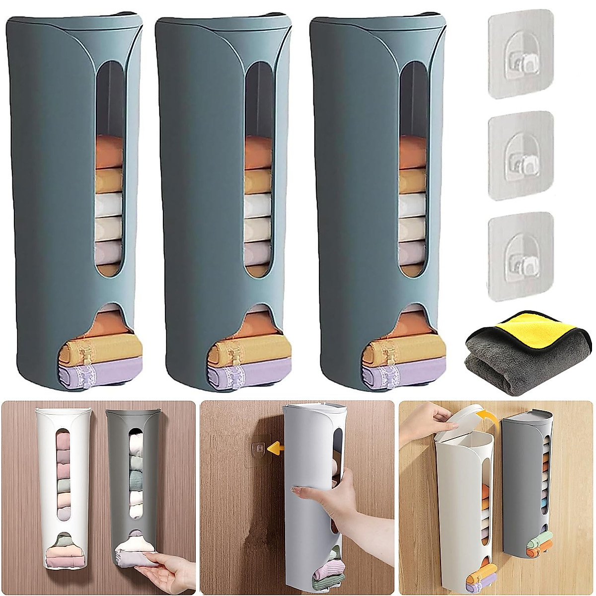 JQUAL 3 Pcs Wall Mounted Underwear Storage Box, Wall Mounted Socks Panties Storage Box, Underwear Storage Organizer Dispenser, Punch Free Multifunctional Storage Box (Blue)