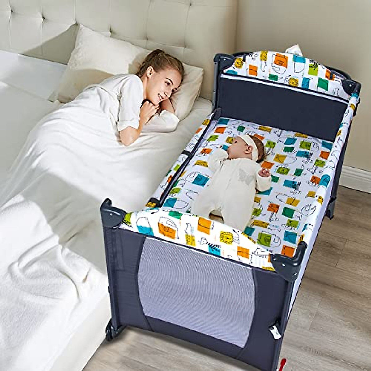 Baby 5-in-1 Pack and Play with Bassinet, Bassinet Bedside Sleeper 5 Functions, Baby Crib with Mattress, Diaper Changer, Playard and Music Box, Bedside Crib for Newborn to Toddles
