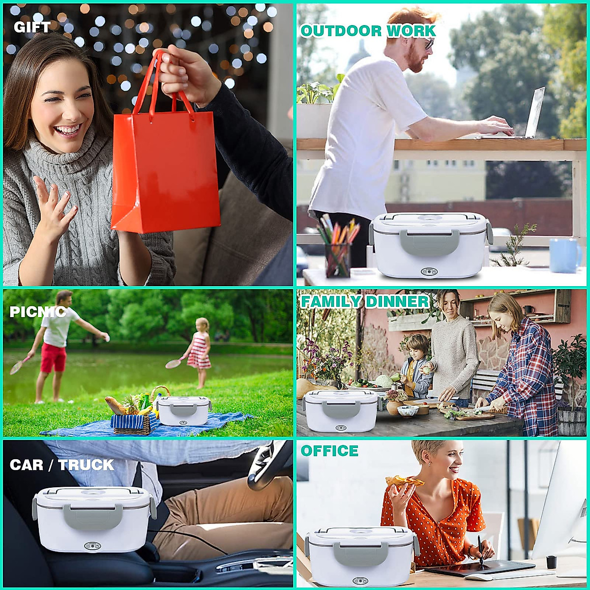 LAVAED 60W Electric Lunch Box - Fast Heating, Leakproof, Large Capacity, Portable, Safe, Easy to Clean, 3 in 1, Gray