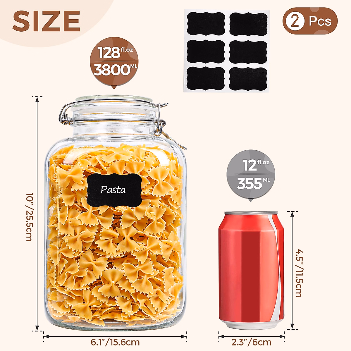 ComSaf 1 Gallon Glass Jar with Lid, 128oz Glass Jars with Airtight Lid Set of 2, Square Mason Jars, Large Storage Containers with Lids for Canning, Fruit juice, Flour, Sugar, Rice, Pickled Egg