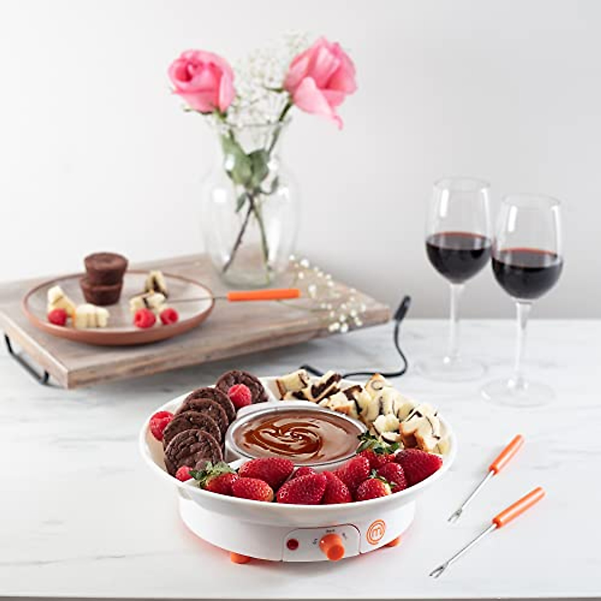 MasterChef Chocolate Fondue Maker- Deluxe Electric Dessert Fountain Fondue Pot Set w 4 Forks & Party Serving Tray -Melting, Warming Caramel, Cheese, Sauce, Fun Birthday Easter Day Gift