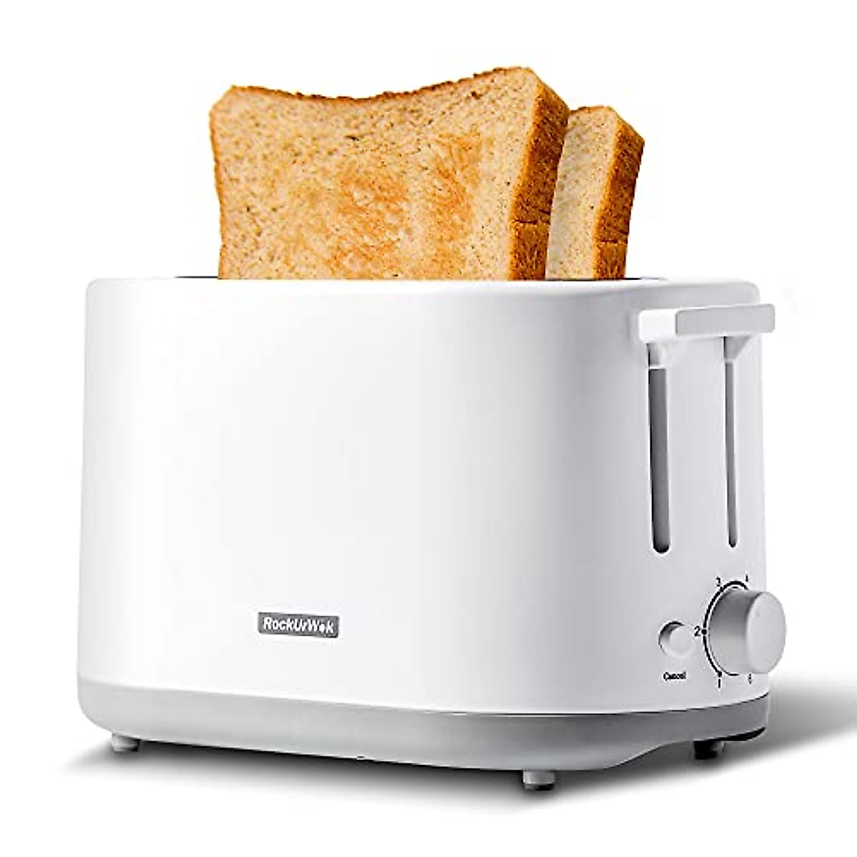 2 Slice Toaster, ROCKURWOK Extra Wide Toaster with Toast Boost, Slide-Out Crumb Tray, Auto-Shutoff and Cancel Button, White