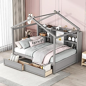 Yehha Full Size House Bed with Storage Shelves and 2 Drawers, Multifunctional Storage Wooden Bed for Boys & Girls Bedroom, Small Space, No Box Spring Needed/Wood Slats Support, Easy Assembly, Gray