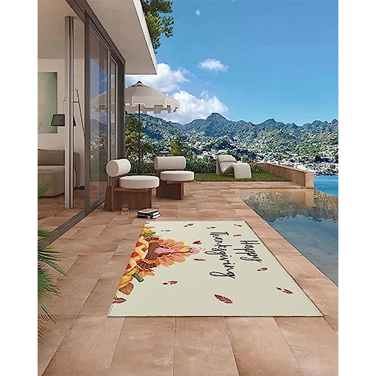 Happy Thanksgiving Outdoor Area Rug 4'x6',Patio Balcony Porch Front Door Camping Camper Deck Runner Rug,Washable Carpet Indoor Living Room Kitchen Floor Mat Fall Turkey Autumn Pumpkin Pie Leaves