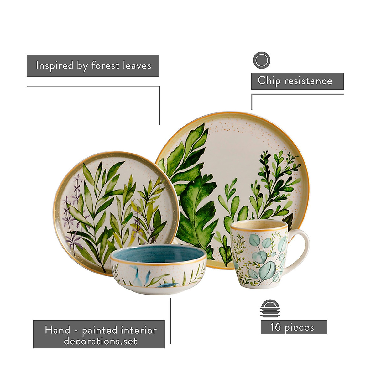 Corona Dinnerware Set 16– piece, Plates Bowls and Mugs Set, Ceramic Sets for 4, Microwave and Dishwasher Safe, Siena Italian Floral Design