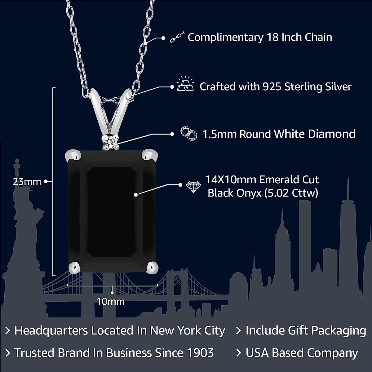 Gem Stone King 925 Sterling Silver Gemstone Birthstone and White Diamond Necklace | Emerald Cut 14X10MM Pendant Necklace for Women | With 18 Inch Silver Chain