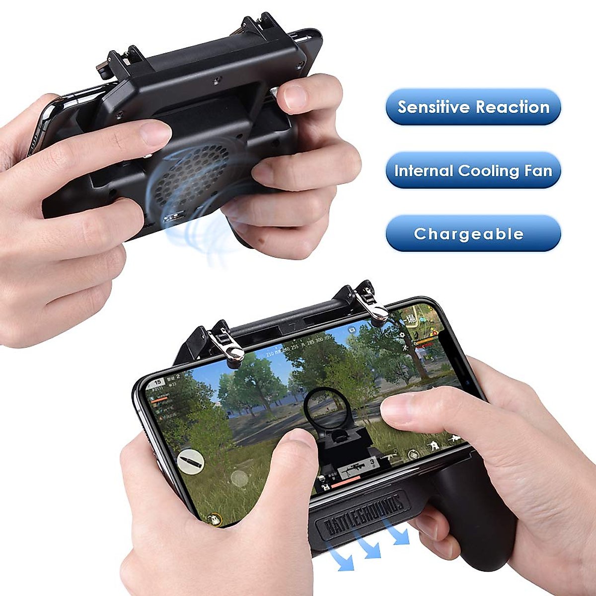 Qoosea Mobile Controller with 4000mAh Battery Power Bank Cooling Fan Mobile Controller L1R1 Game Trigger Joystick Gamepad Grip Remote for PUBG/Knives Out/Free Fire for Android iOS Phone 4.5-6.5"