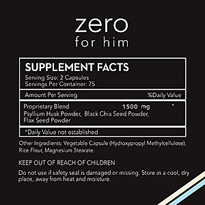 Zero for Him Dietary Fiber Supplement for Men (150caps) Strong Vegan Fiber Pills, Psyllium Husk, Flax Seeds and Chia Seeds Pure Supplement for Digestive Health, Men Seeking Clean and Fun Night