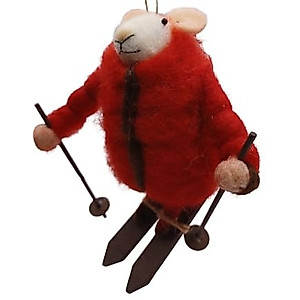 OnHoliday Wool Felt Skiing Mouse in Red Parka Hanging Christmas Tree Ornament.