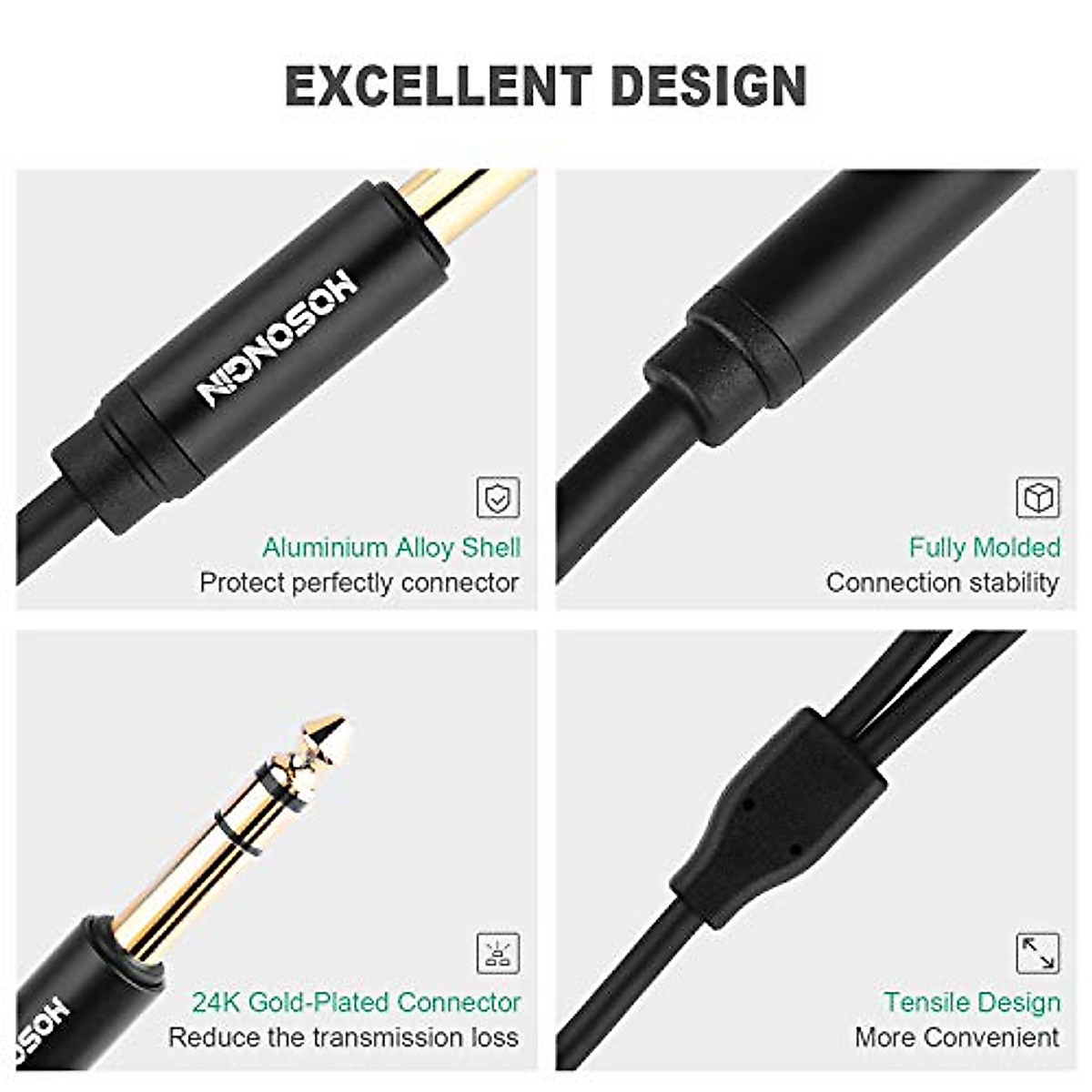 HOSONGIN 1/4 inch TRS Stereo Splitter Y Cable 1.6Ft, 1/4 Inch 6.35mm Stereo Male Plug to Dual 1/4 Inch 6.35mm Female Jack, Black Aluminum Alloy Shell Gold Plated Plug Socket