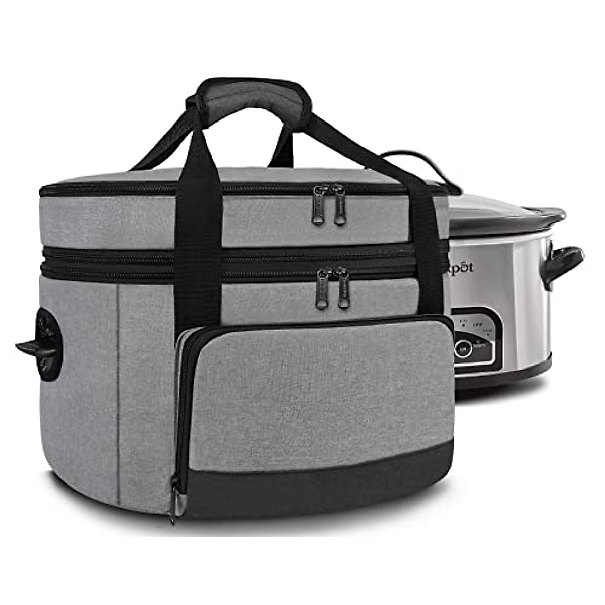 2 Layer Slow Cooker Carrier, Compatible with 6, 7, 8 Quart Crock-Pot, Insulated Large Slow Cooker Travel Bag with Bottom Pad Lid Fasten Straps, for Party, Family Gathering Potluck, Gift for Women