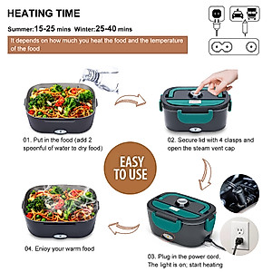 Portable Electric Lunch Box with Fast Charger, Mini Microwave Food Warmer for Adults, 1.5L Stainless Steel Food Containers, 60W Leak Proof Food Warmer 110V 12V 24V for Truck Home Office - Grey