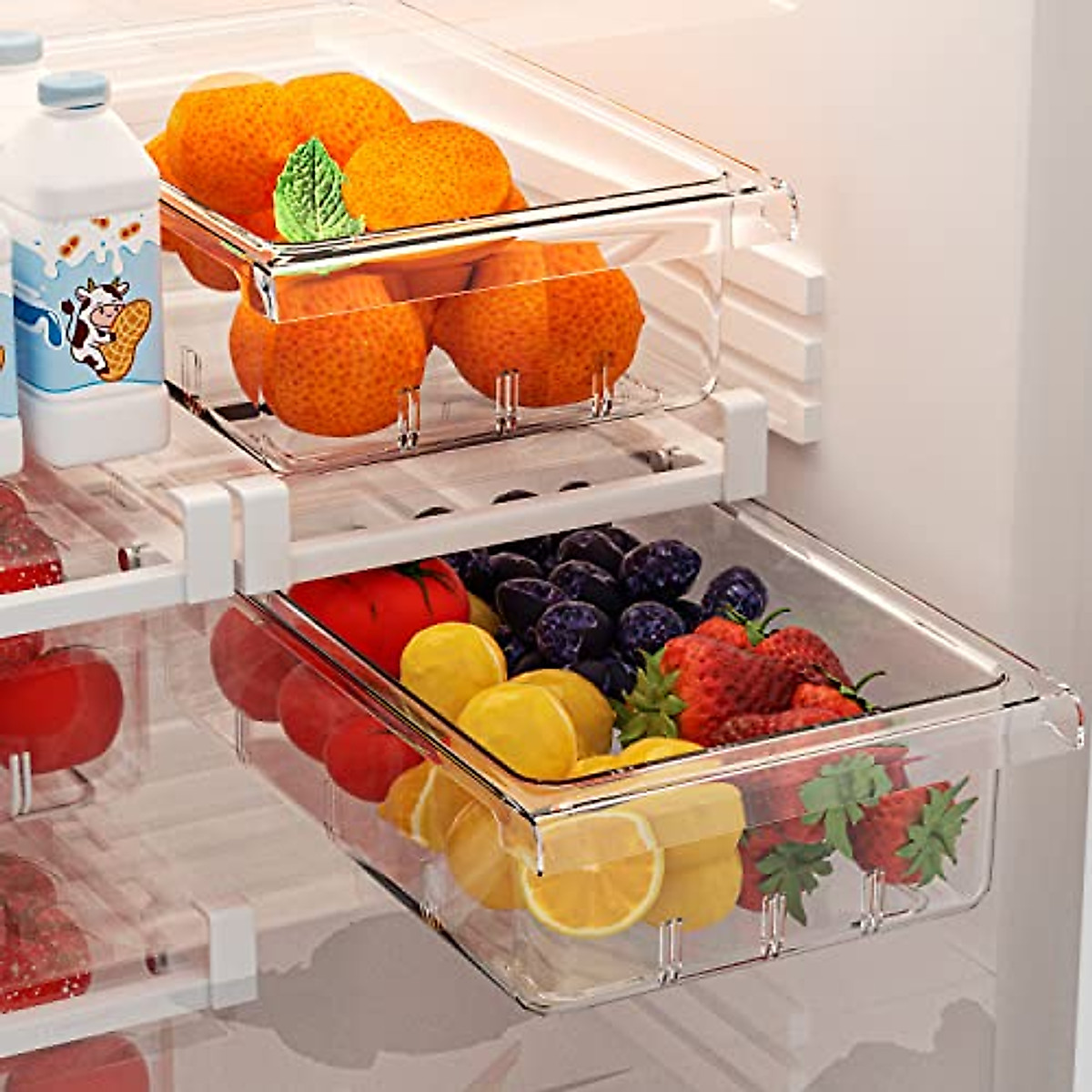Yilingchild Fridge Drawer Organizer, Clear Refrigerator Organizer Bins with Handle, Pull-out Kitchen Fridge Storage Box for Egg Fruit Vegetable, Fit for Fridge Shelf Under 0.6" (1 Pack,No Dividers)