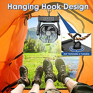 COZII 20000mAh Battery Operated Fan - Camping Fan Rechargeable with 3 Colors Light, 4 Speeds, 4 Timing, Adjustable Head, Portable Battery Powered Tent Fan with Hanging Hook for Picnic, BBQ