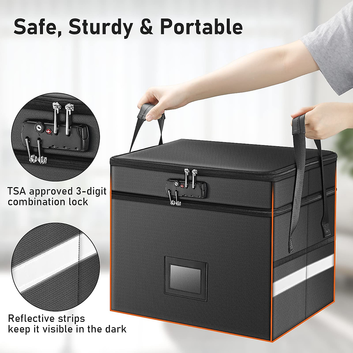 JLMY Fireproof Fiberglass Silicone 2 Layer Portable File Box with Lock for Letter Legal Size Folder Certificate Book Storage, Black, 42L