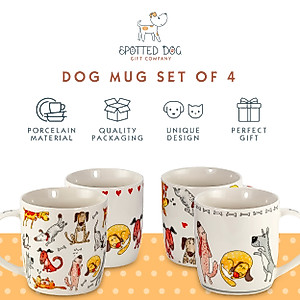 SPOTTED DOG GIFT COMPANY Dog Coffee Mug Set, Cute Mugs 12 oz Ceramic Porcelain China Coffee Tea Cups, Funny Dogs Themed Gifts for Dog Lovers and Animal Lovers Women Men, Set of 4