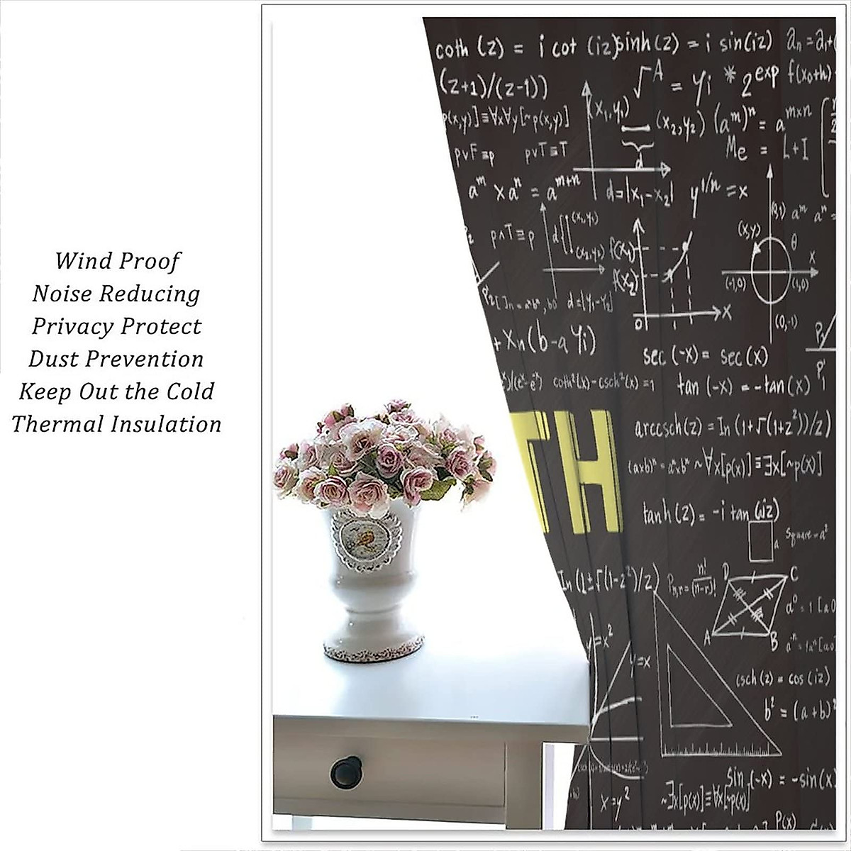 Mathematics Room Curtains, Dark Blackboard Backdrop with Math Equations Geometry Axis Art Blackout Rod Pocket Curtains for Classroom Study Bedroom Living Room Window Drapes 42x63in