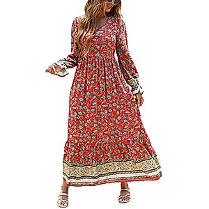 PRETTYGARDEN Women's Long Sleeve Floral Dress - V-Neck Casual Boho Fall Long Maxi Dresses for Wedding Guest (Red,Medium)