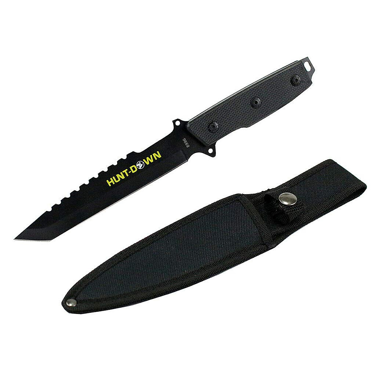 S.S. Fixed Knives 12 HuntDown All Black Tanto Blade Hunting Survival Fixed Blade Knife Ridged Edge With Nylon Sheath