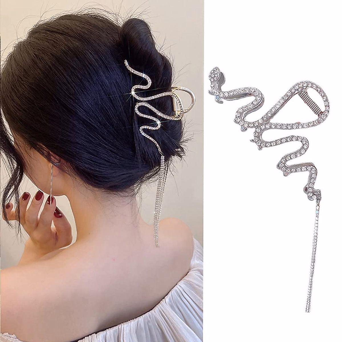 French Hair Claw Clips Metal Silver Snack Rhinestone Hair Accessories Hair Ornaments Geometry Hair Barrette Hairpin Luxury Tassels Acrylic Elegant Headbands Hair Crab Head Bands for Women 1Pcs