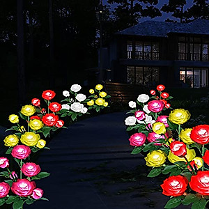 Calyla Solar Lights Outdoor 7 Rose Flowers Solar Garden Lights Garden Stake Lights Path Decorative Rose Lights for Patio Yard Pathway Landscape Enlarged Solar Panel (Pink)