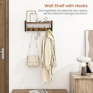 Homode Wall Hooks with Shelf, Wood Coat Rack with Shelf Wall-Mounted, Entryway Hanging Shelf with 5 Metal Hooks for Clothes Hats Towel Purse Robes, Bathroom Mudroom Bedroom, Rustic Brown Black