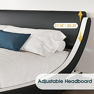 WEEWAY Modern Queen Size Upholstered Platform Bed Frame, Faux Leather Sleigh Bed with Adjustable Headboard, Strong Wood Slats Support, No Box Spring Needed, Black & White