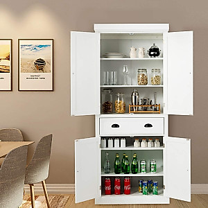 MAT EXPERT Kitchen Pantry Cupboard Cabinet, Storage Cabinet w/Drawers & Adjustable Shelves, 4-Door Wooden Storage Organizer for Kitchen (White)