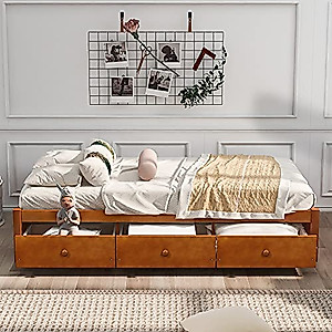 Twin Size Bed with 3 Storage Drawers, Solid Wooden Twin Platform Bed with Support Slats, Twin Bed Frame for Kids Teens, No Box Spring Needed (Twin, Oak)