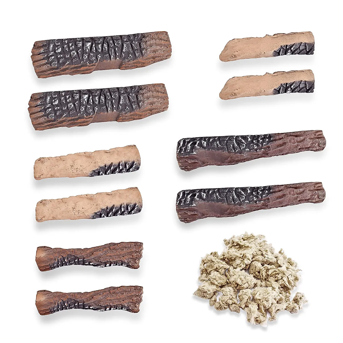 Chesio Ceramic Fire Log Set - 10 Piece Indoor Fireplace Logs - Complete with Rockwool Glowing Embers