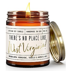 West Virginia Gifts, West Virginia Decor for Home - 'There's No Place Like West Virginia Candle, w/Tobacco, Vanilla & Bourbon I West Virginia Souvenirs State Gifts I 9oz Jar, 50Hr Burn, USA Made