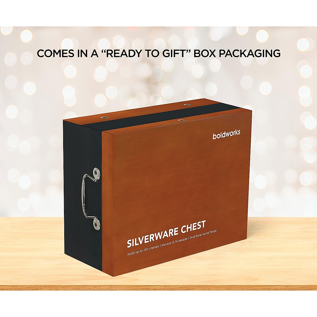 Silverware Storage Box Flatware Storage Case with Dual Tone Wooden Finish Drawer and Tarnish Proof Felt Lining to Store Sterling Silver Ware Cutlery Sets 15x11 Inch Size Service for 14