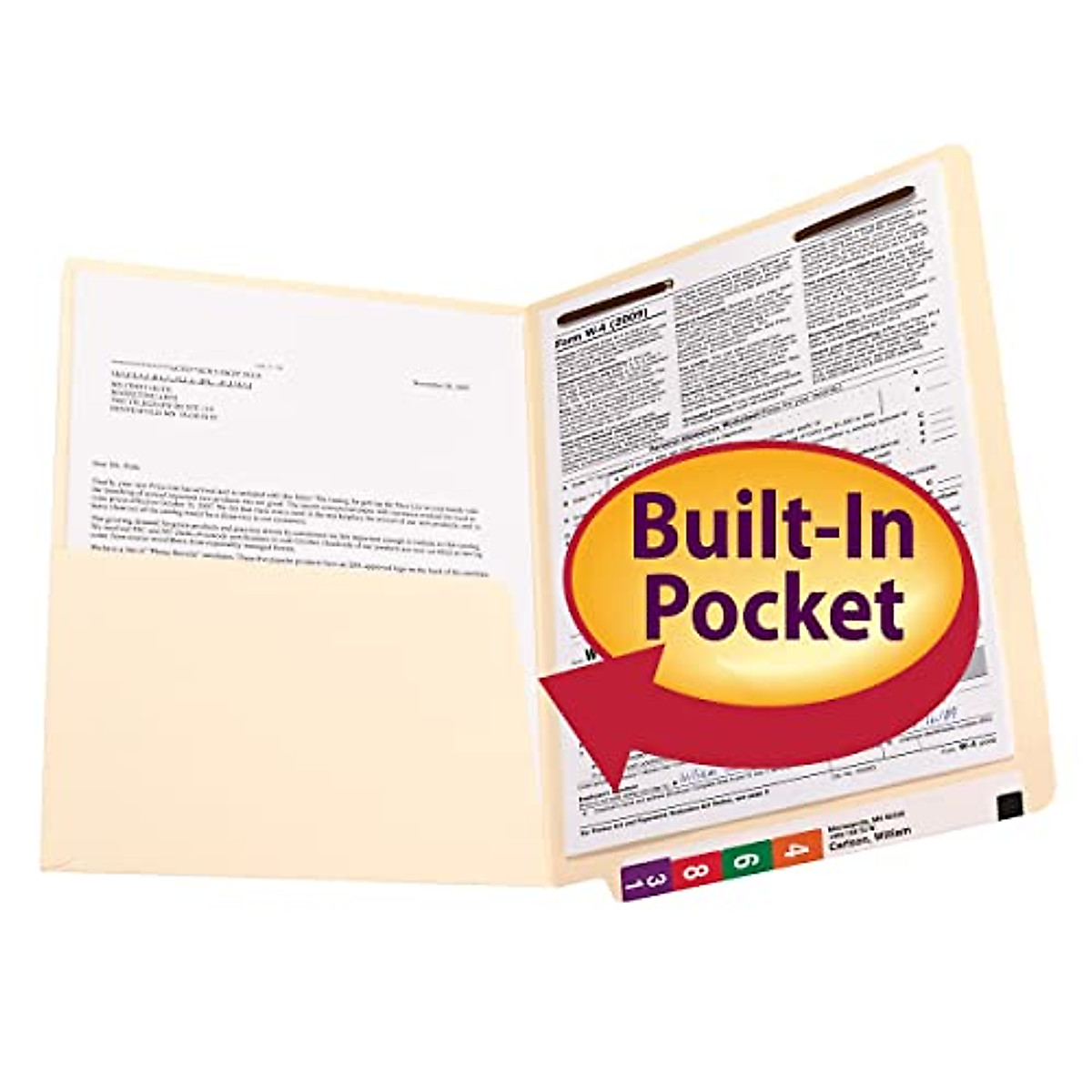 Smead End Tab Pocket Folder with Fastener, Straight-Cut Tab, 1 Pocket, Letter Size, Manila, 50 per Box (34100)