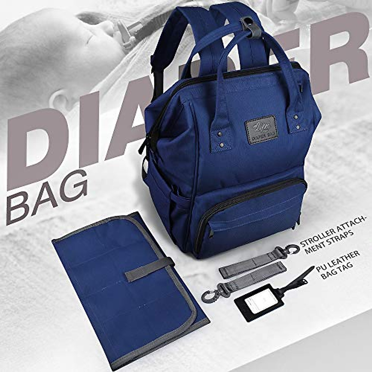 Qipi Diaper Bag - Spacious & Smart Multi-Function Nappy Bag w/ Changing Pad - Deep Blue