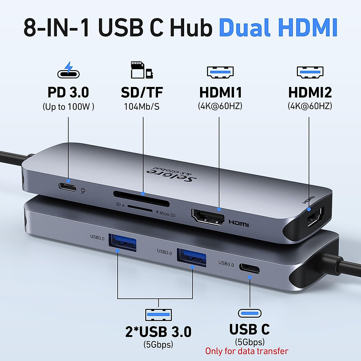 USB C Docking Station Dual HDMI Monitor, USB C to Dual HDMI Adapter with 2HDMI Ports, PD Charging, SD/TF, USB A&C 3.0 Ports, Laptop Docking Station for Dell XPS/HP/Lenovo/Surface/Yoga etc