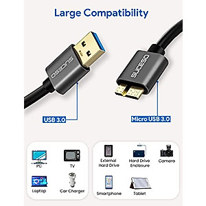 SUCESO Micro USB 3.0 Cable USB 3.0 A Male to Micro B Cord External Hard Drive Cable Nylon Compatible with Samsung Galaxy S5, Note 3, Camera, Seagate Hard Drive, WD Hard Drive, Toshiba Canvio-1.6FT