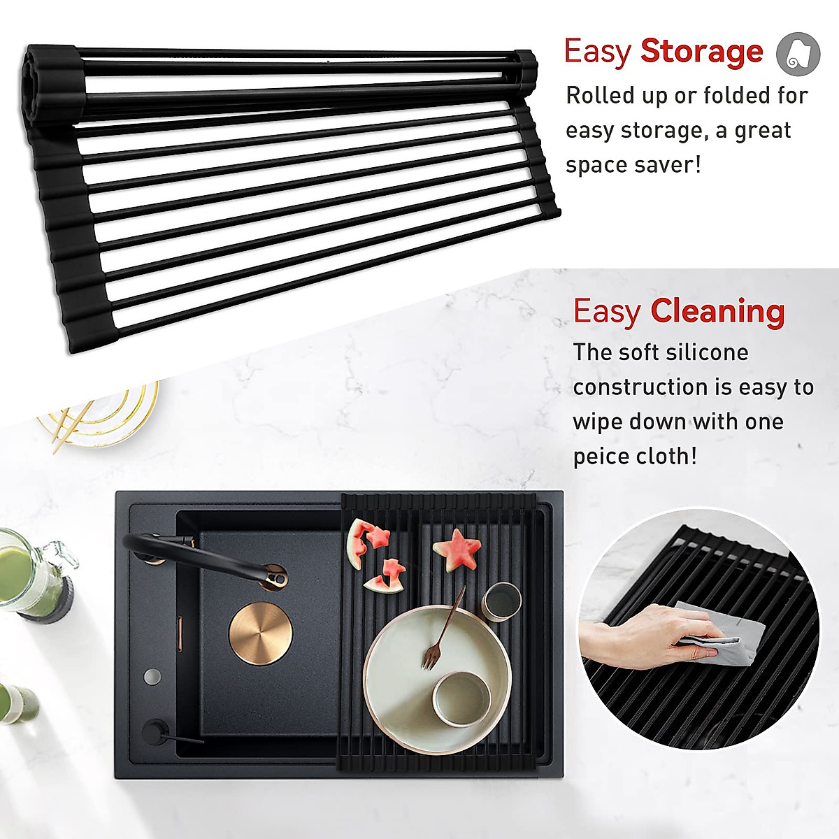 MERRYBOX Roll Up Dish Drying Rack Silicone Wrapped Over The Sink Dish Drying Rack Multipurpose Foldable Sink Drying Mat Anti-Slip & Anti-Rust Dish Rack for Kitchen, 17.5" x 13", Black