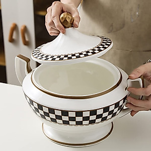 Porlien Checker Dinner Serving Set with Soup Tureen, Soup Ladles, Gravy Boat with Ladle and Stand and Salt & Pepper Shaker