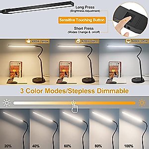 NAKOOS LED Desk Lamp with Clamp & Round Base, Eye Caring Table Lamp with Flexible Gooseneck, Touch Control 3 Color Modes, 10 Brightness Levels, Desk Light for Home Office 12W
