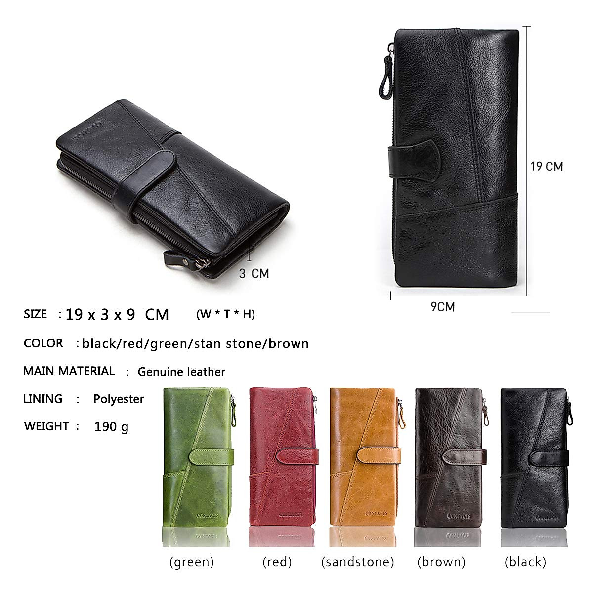 Contacts Real Leather Women Secretary Zipper Phone Holder Clutch Purse Wallet (Black)