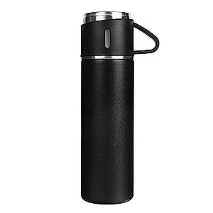 Insulated Water Bottle with Cup Travel Coffee Mug with Handle Stainless Steel Tumblers Thermos for Hot and Cold Drinks Water Flask 17 oz/500ml Black